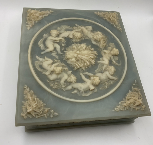 Vintage Incolay Stone Composite Blue Jewelry Box Cherubs Angels ...