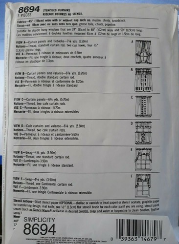 Simplicity 8694 Curtain Valance Cafe Swag Panel Stencils Abbie's Jiffy ...