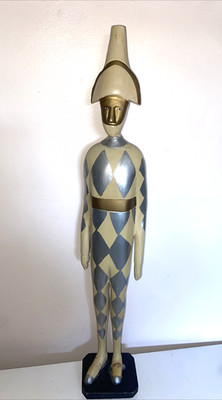 Vtg Carved Wood Harlequin Statue Jester Sculpture Mid 20th Century ...