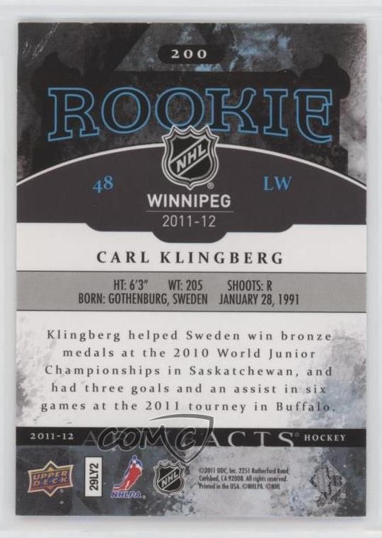 2011-12 Upper Deck Artifacts Rookie /999 Carl Klingberg #200 Rookie RC ...
