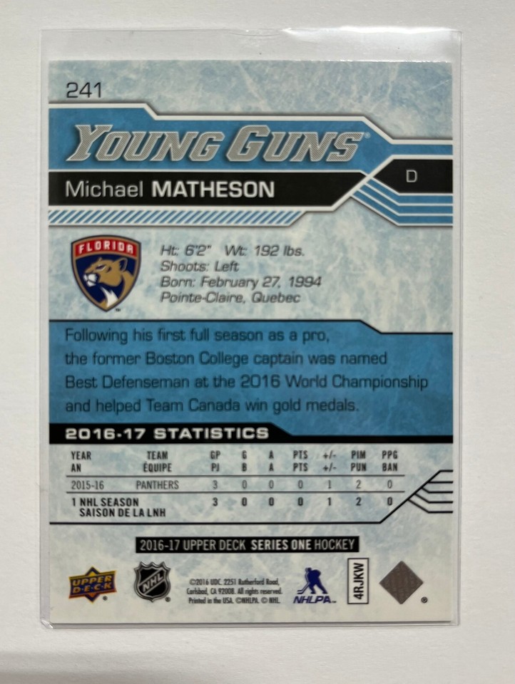 2016-17 Upper Deck Young Guns MICHAEL MATHESON Rookie RC #241 | eBay