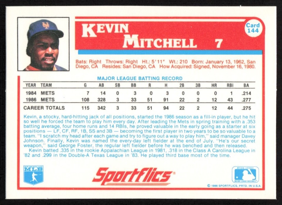 1987 Sportflics Kevin Mitchell #144 New York Mets | eBay