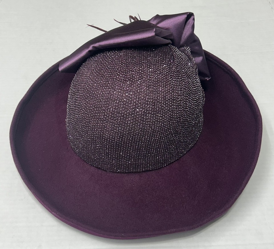 Whittall and Shon Hat Purple Feather Satin Bling 100% Wool Felt 22-1/2 ...