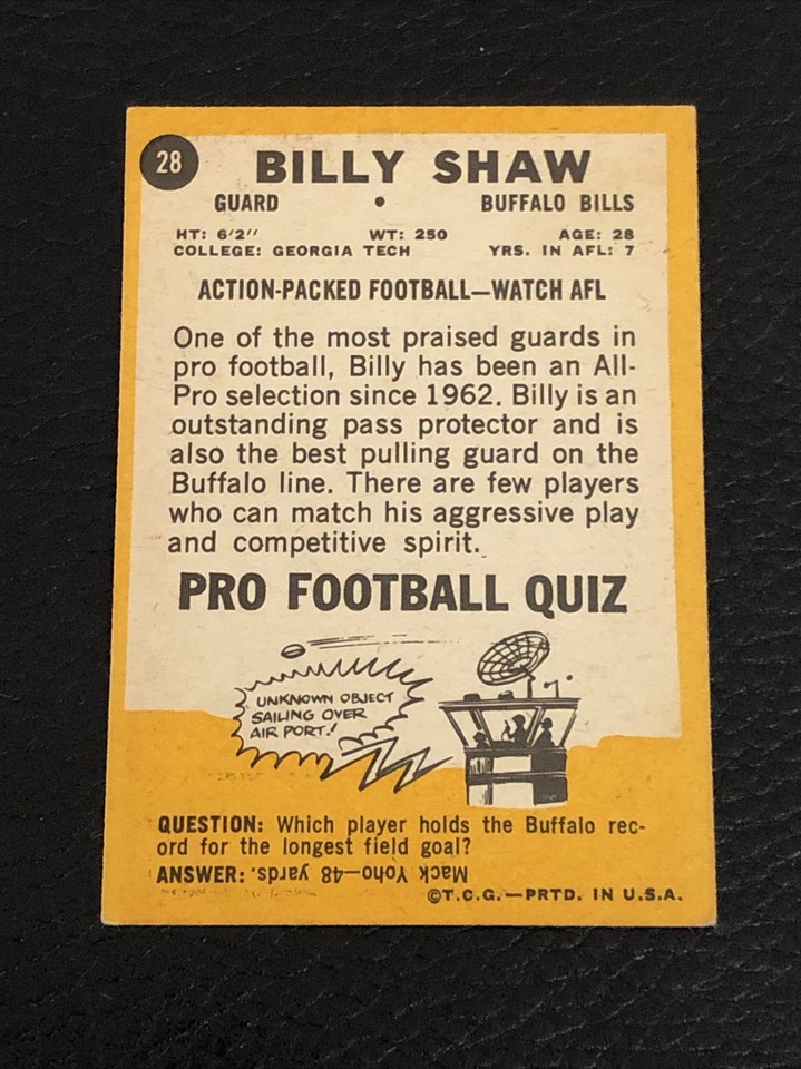 BILLY SHAW 1967 TOPPS SIGNED AUTOGRAPHED CARD #28 BUFFALO BILLS | eBay