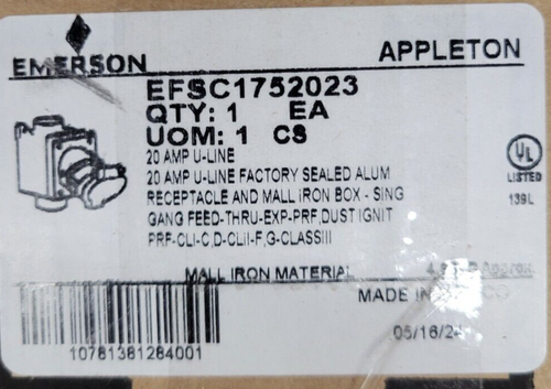 Appleton EFSC1752023 receptacle 20a 1hp 125vac Brand New Factory Sealed ...