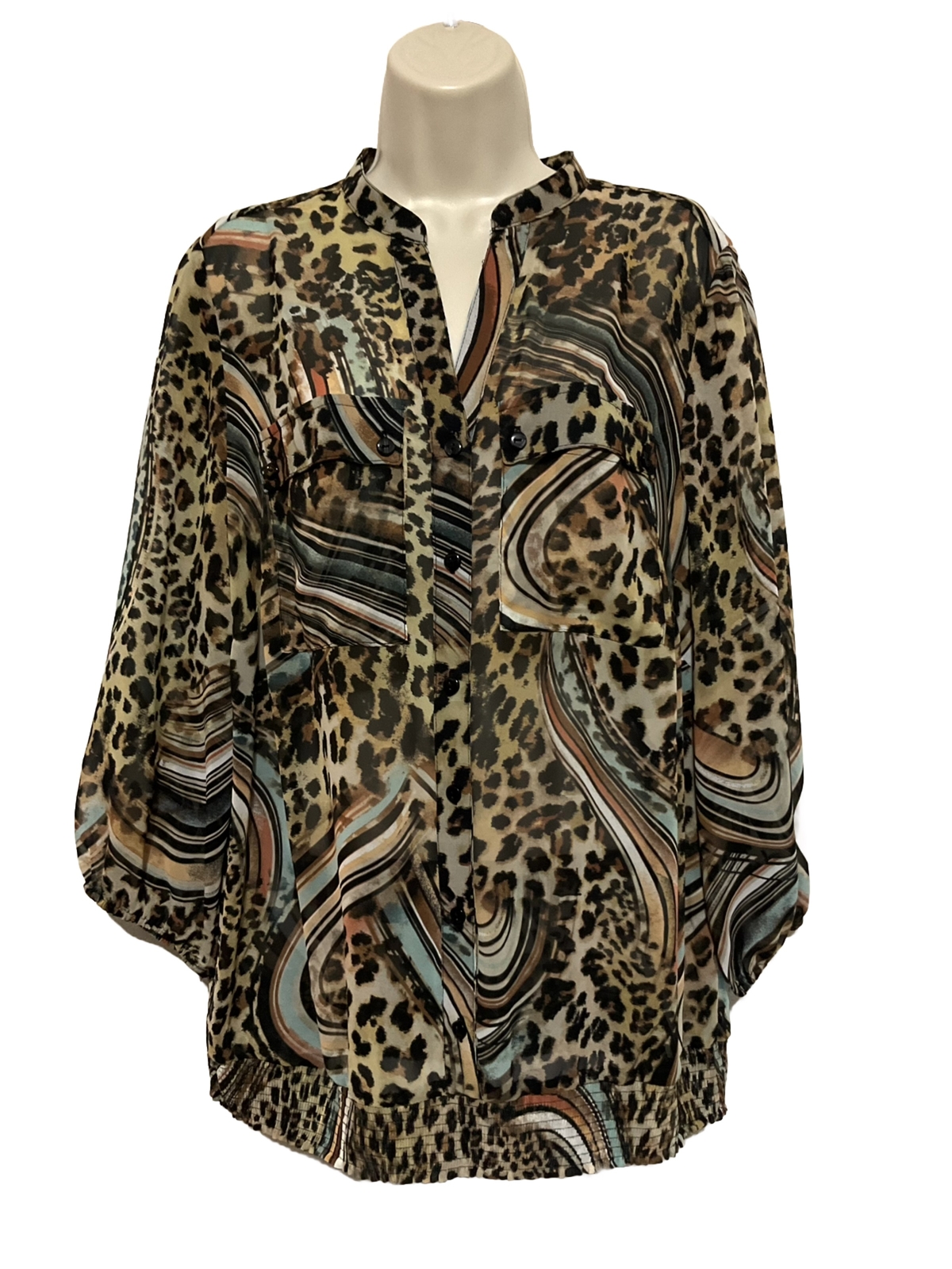 jm collection women OX blouse brown black blue animal print 3/4 sleeve ...