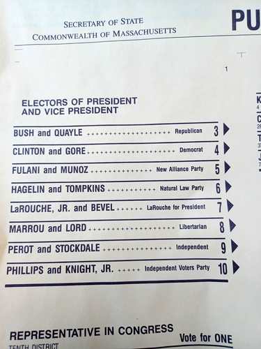 November 3, 1992 Specimen Presidental Ballot--Bush & Quayle vs. Clinton ...