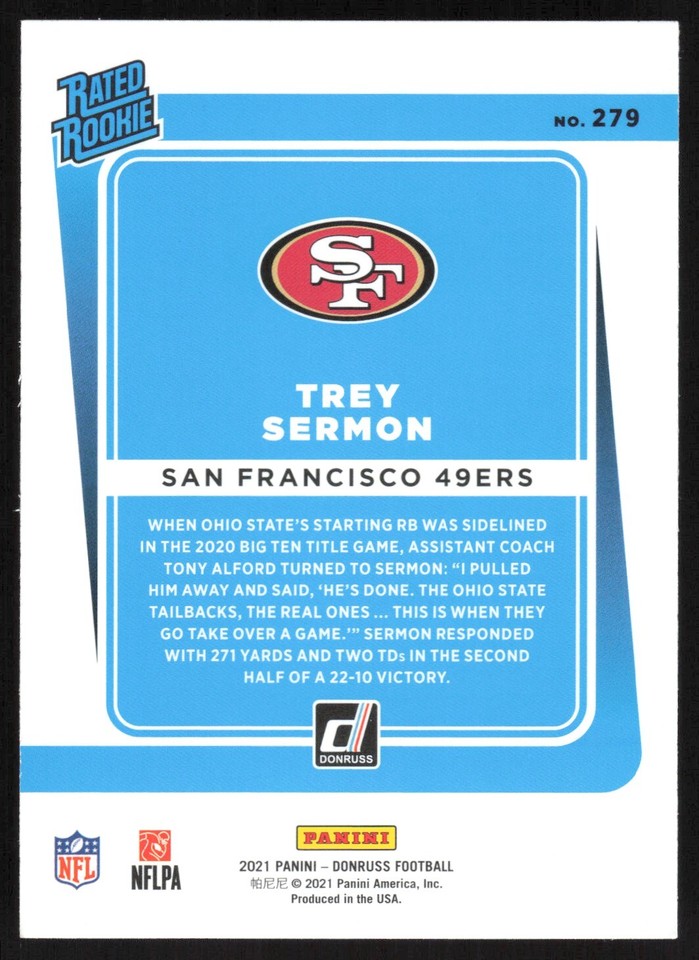 2021 Panini Donruss Rated Rookie Trey Sermon RC #279 San Francisco ...