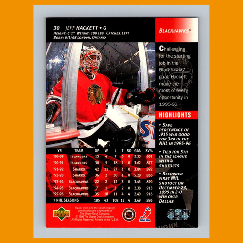 Jeff Hackett #30 1996 Upper Deck Chicago Blackhawks Hockey Card NHL NM ...
