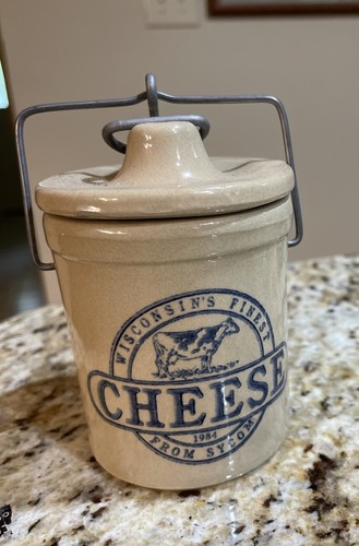 Vintage Wisconsin Stoneware Cheese Crock w/Lid and Wire Bail 1984 Sycom ...