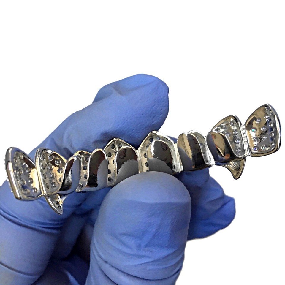 CZ Grillz Set Vampire Fangs Silver Tone 8 Top Eight Bottom Teeth Bling ...