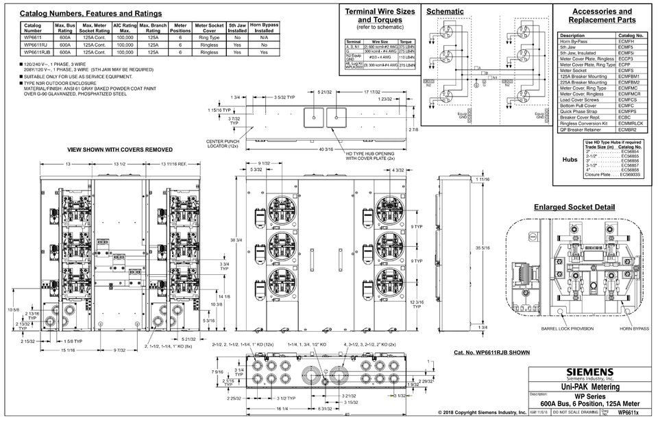 Siemens WP6611RJB 6-Gang 600A 125 Amp RINGLESS BYPASS UNI-PAK Meter ...