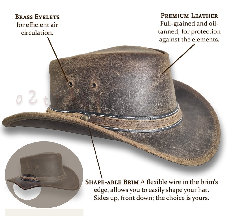 Leather HAT 【oZtrALa】 Australian Outback Western Cowboy Men Aussie ...