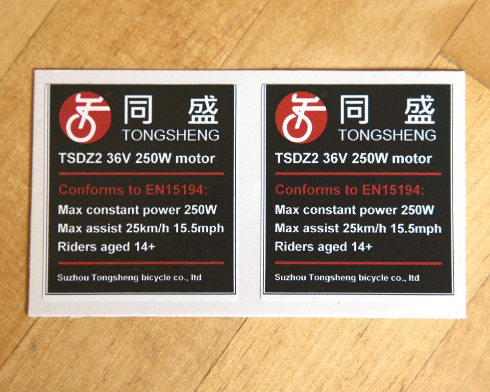 2x eBike sticker decal 250W 'road legal' for Tongsheng TSDZ2 36V ...