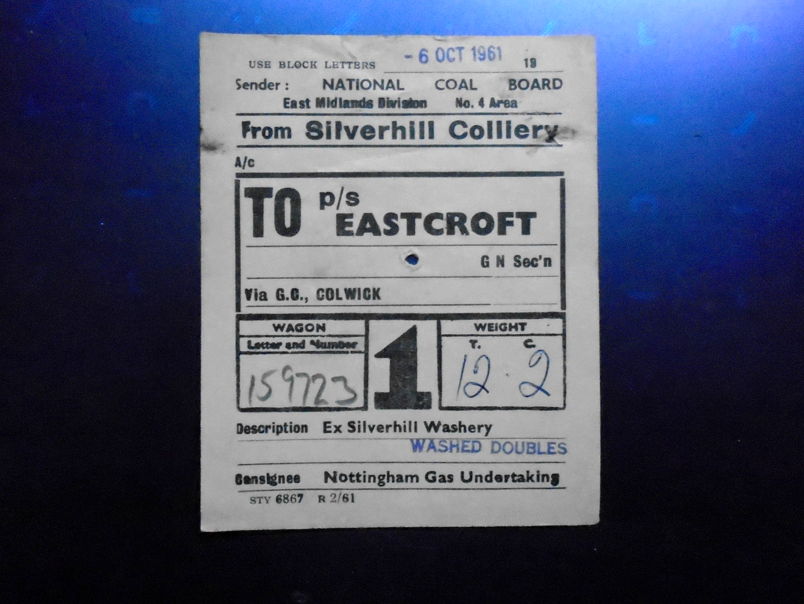 N.C.B. wagon label. Silverhill Colliery - Eastcroft. 6 Oct, 1961. | eBay UK