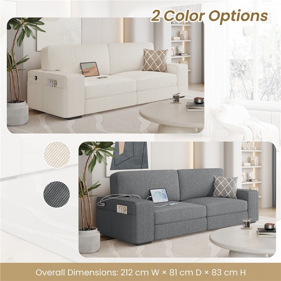 Modern Corduroy Fabric Sofa Couch with Side Storage Pockets, USB ...