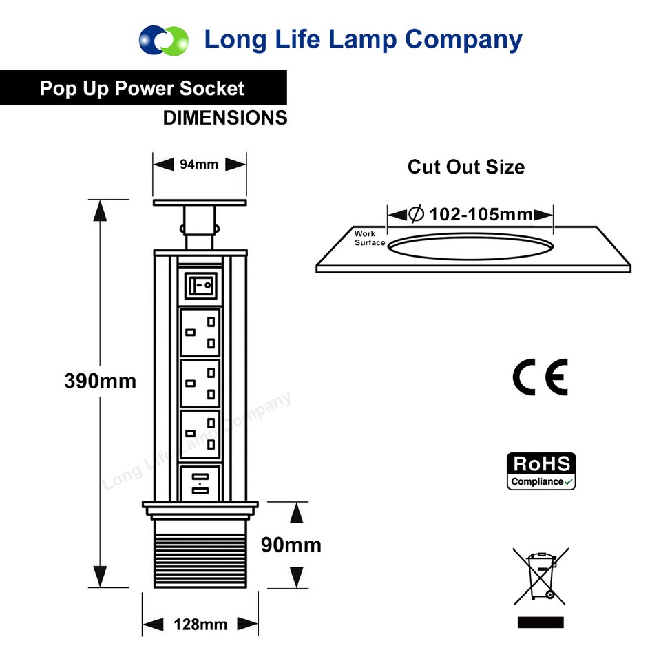 POP UP Power Tower 3 Socket 2 USB with Safety Switch Silver/Stainless ...