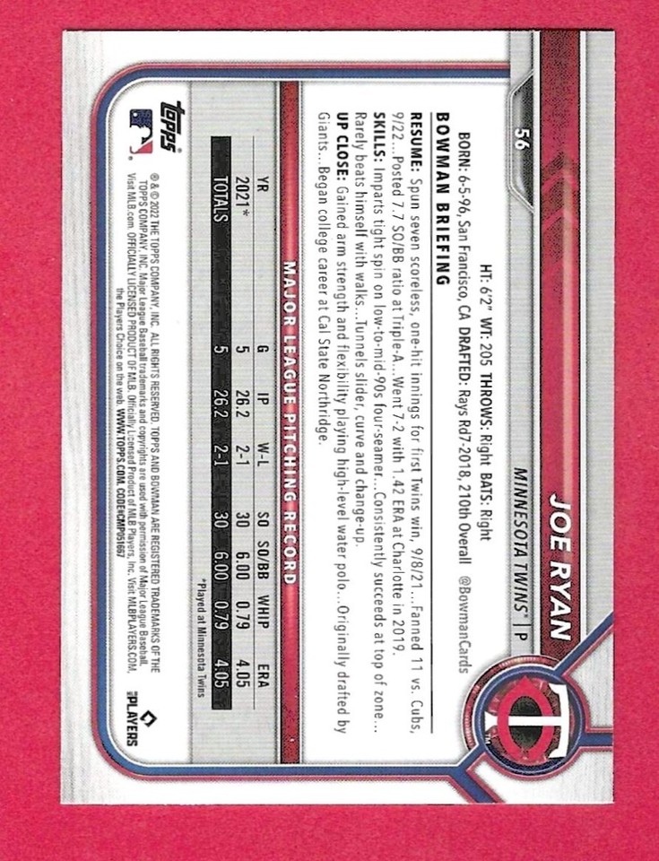 2022 BOWMAN #56 JOE RYAN ROOKIE BASEBALL CARD (NM-MT) | eBay UK