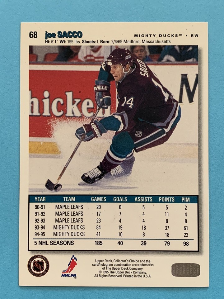 JOE SACCO Signed 1995-96 UD #68 Mighty Ducks Maple Leafs Flyers ...