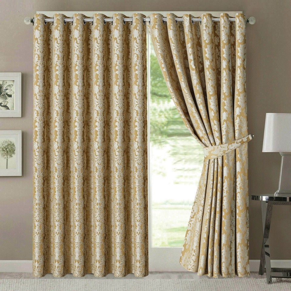 Jacquard Ring Top Heavy Door Curtains Ready Made Fully Lined 2 Matching ...