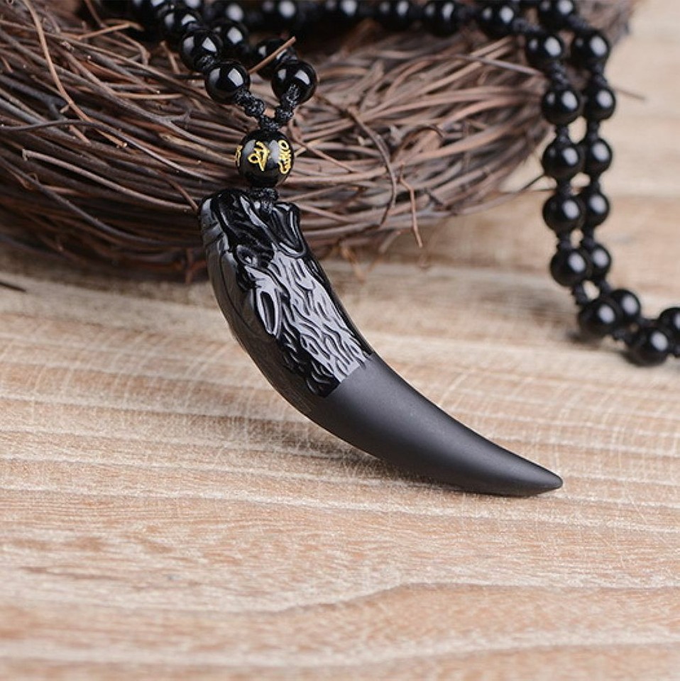 Natural black Obsidian Crystal Wolf Tooth Necklace pendant bead with ...