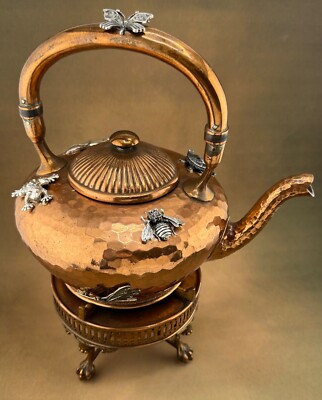 Gorham Mixed Metal Copper & Sterling Tea Kettle on Stand "Fake Fantasy ...