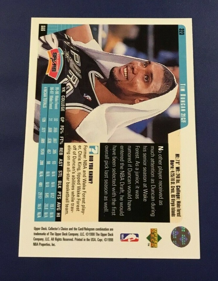 1997-1998 Upper Deck # 323 TIM DUNCAN ROOKIE Wake Forest San Antonio ...