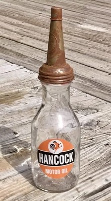 HANCOCK 1 Qt. Glass Motor Oil Bottle w/ Tin Master Mfg. Co. Spout & Cap ...