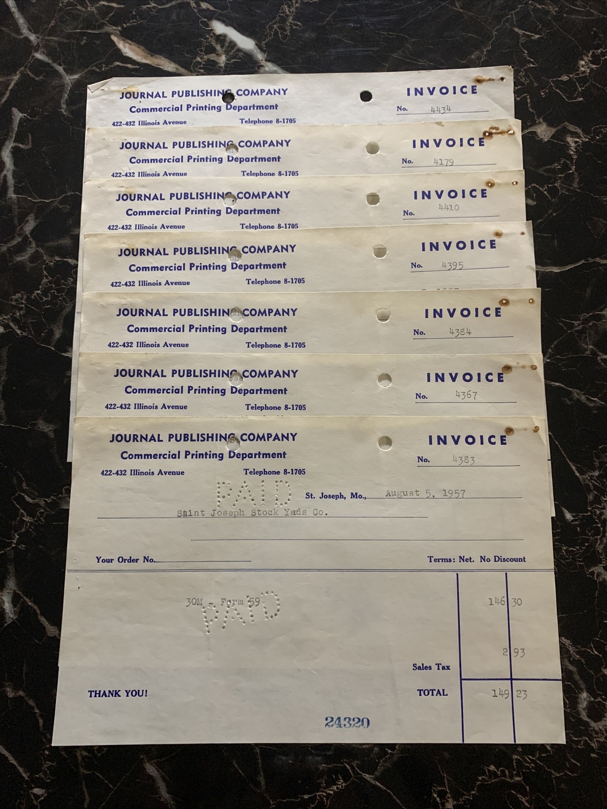 Lot Of Journal Publishing Company St Joseph Missouri 1957 Invoice ...