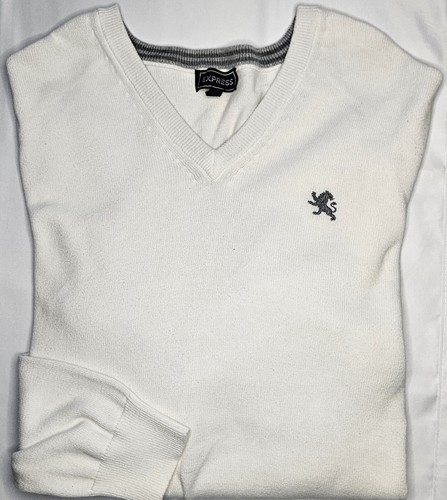 Mens Express Long Sleeve White Vee Neck Sweater Size Large LG L | eBay