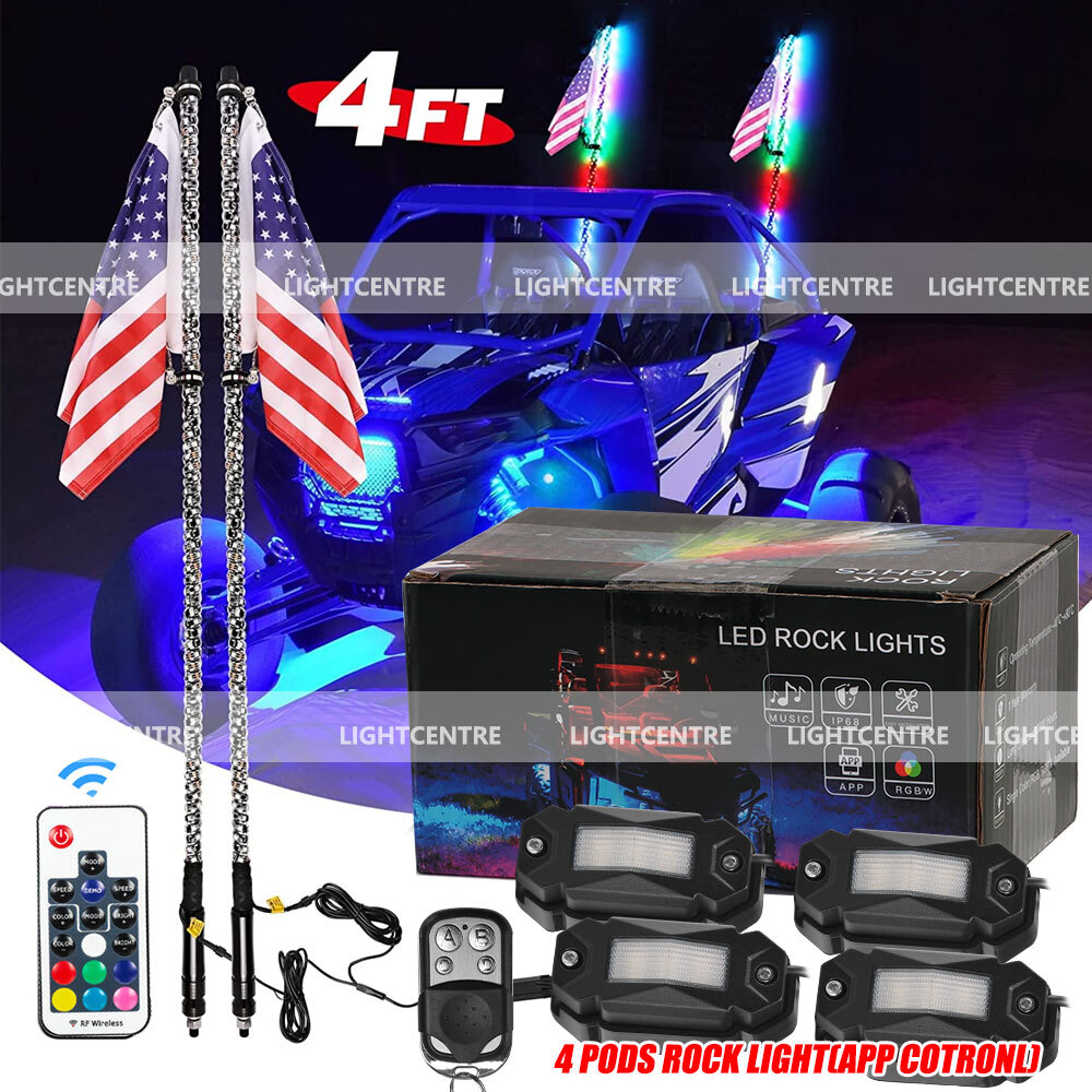 2X 4ft Lighted Spiral LED Whip Antenna w/Flag + 4 Pods RGB Rock Lights ...