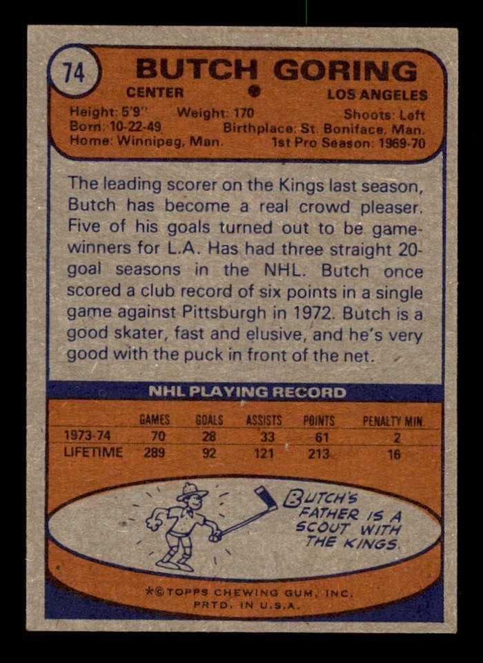 1974 Topps Hockey #74 Butch Goring EX/MT | eBay
