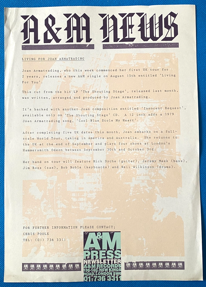 Joan Armatrading - Living for You 1988 Promo Photo 10"x8" & Press ...
