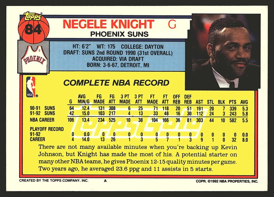 1992-93 Topps #84 Negele Knight Gold | eBay