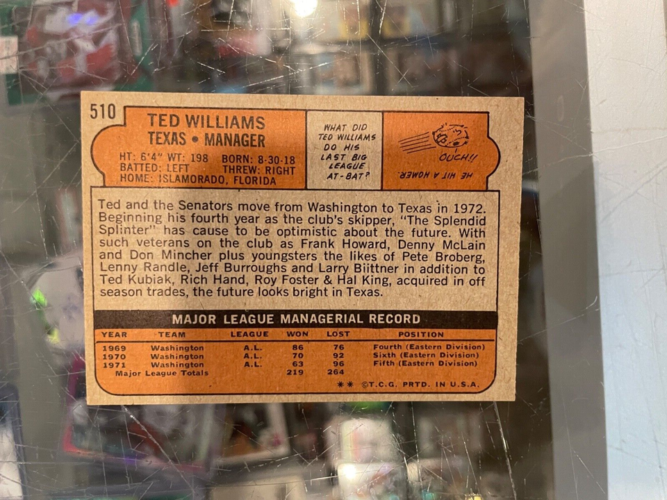 1972 TOPPS #510 TED WILLIAMS TEXAS RANGERS BASEBALL CARD NM/MT | eBay