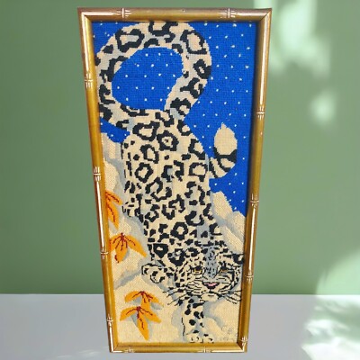Vintage Crewel Needlepoint White Snow Leopard Framed Faux Bamboo ...