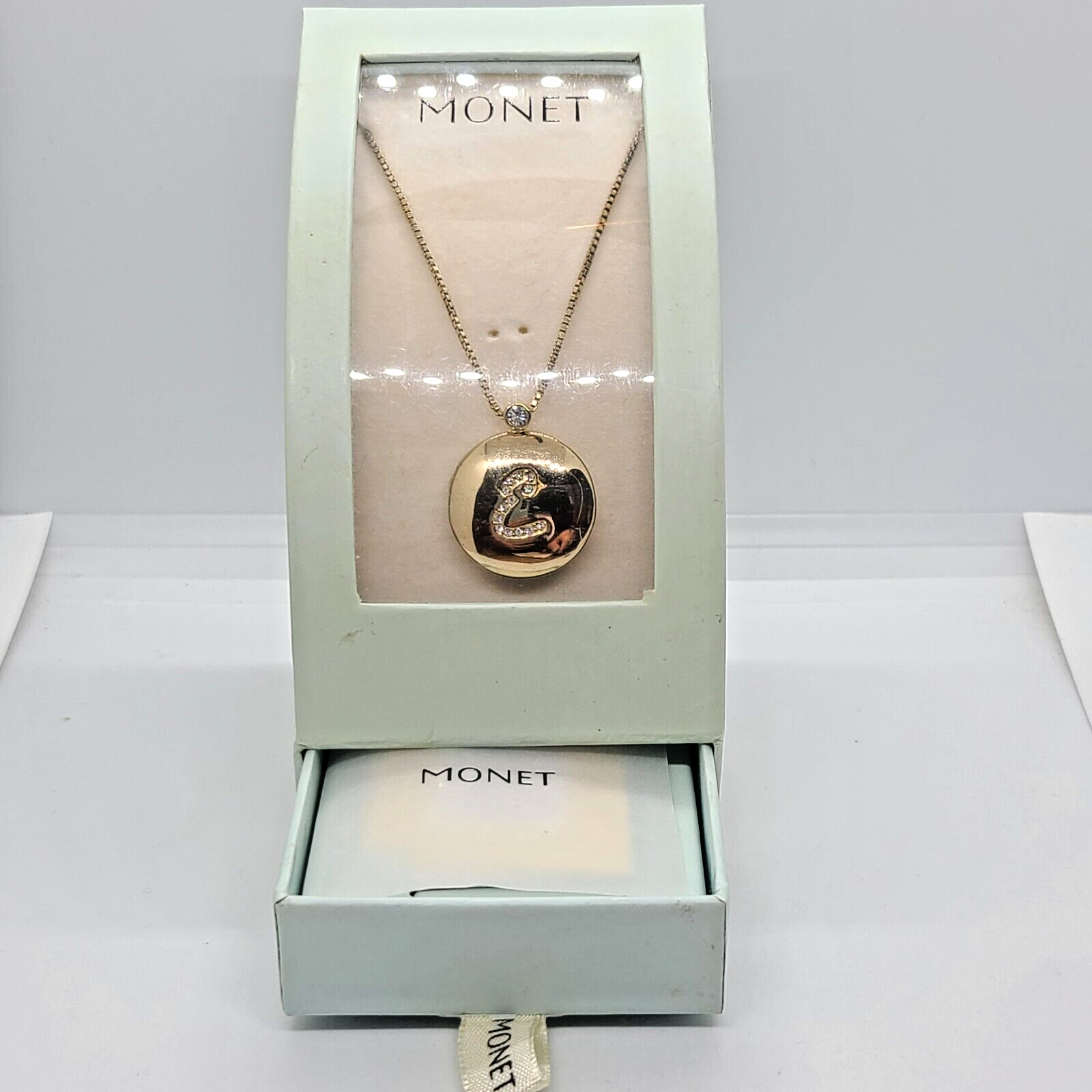 Monet Initial E Crystal Locket Gold Tone In Original Gift Box | eBay