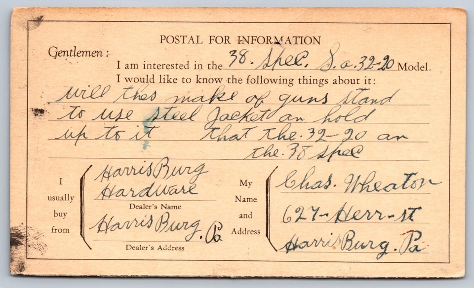 1927 SMITH & WESSON reply card 38 special HARRISBURG TERM RPO SMITH ...