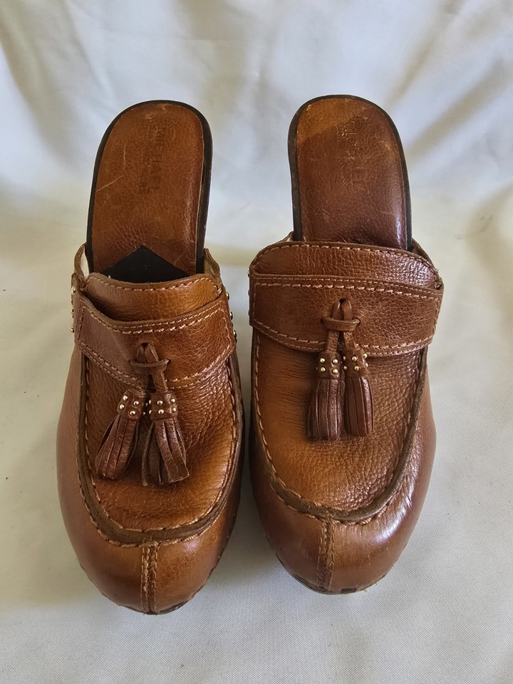 Michael Kors Brown Leather Wooden Heeled Mules Clogs Tassel Women's ...