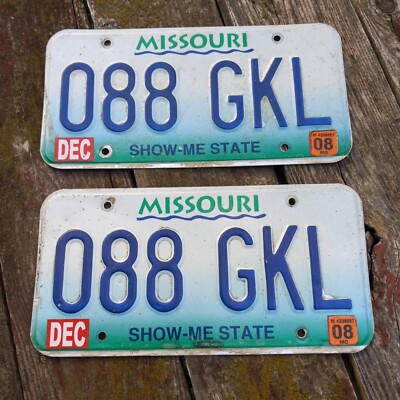 PAIR 2008 Missouri License Plates - "088 GKL" DEC 08 stickers SHOW-ME ...