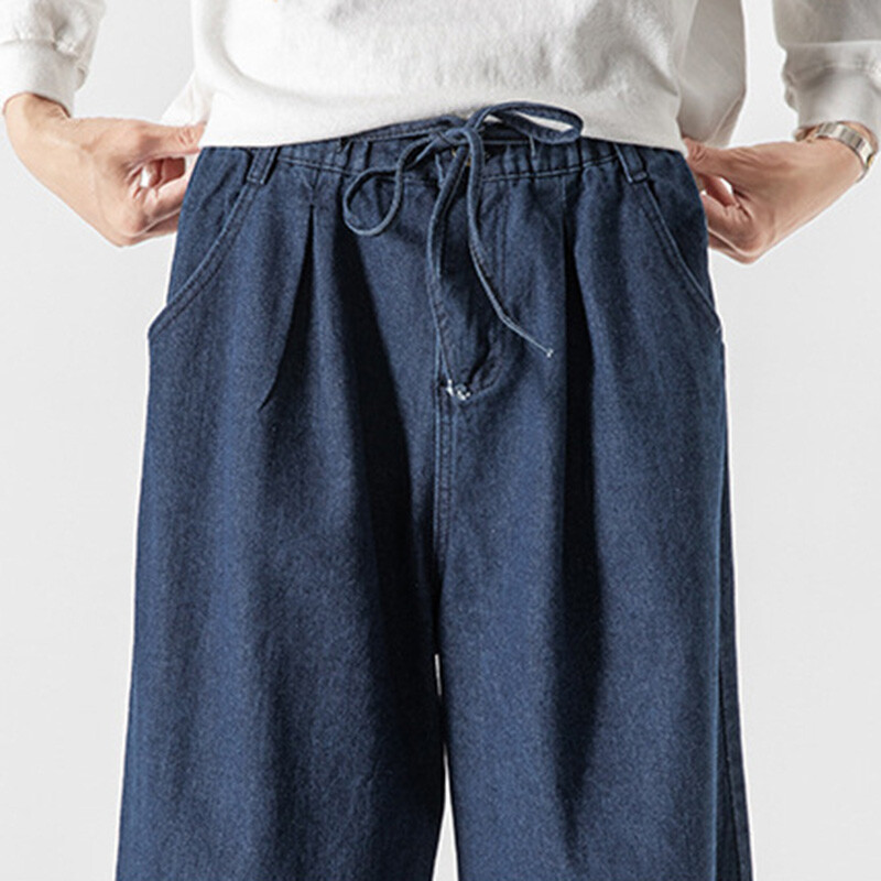 Men Loose Wide Leg Denim Pants Drawstring Jeans Trousers Elastic Waist ...