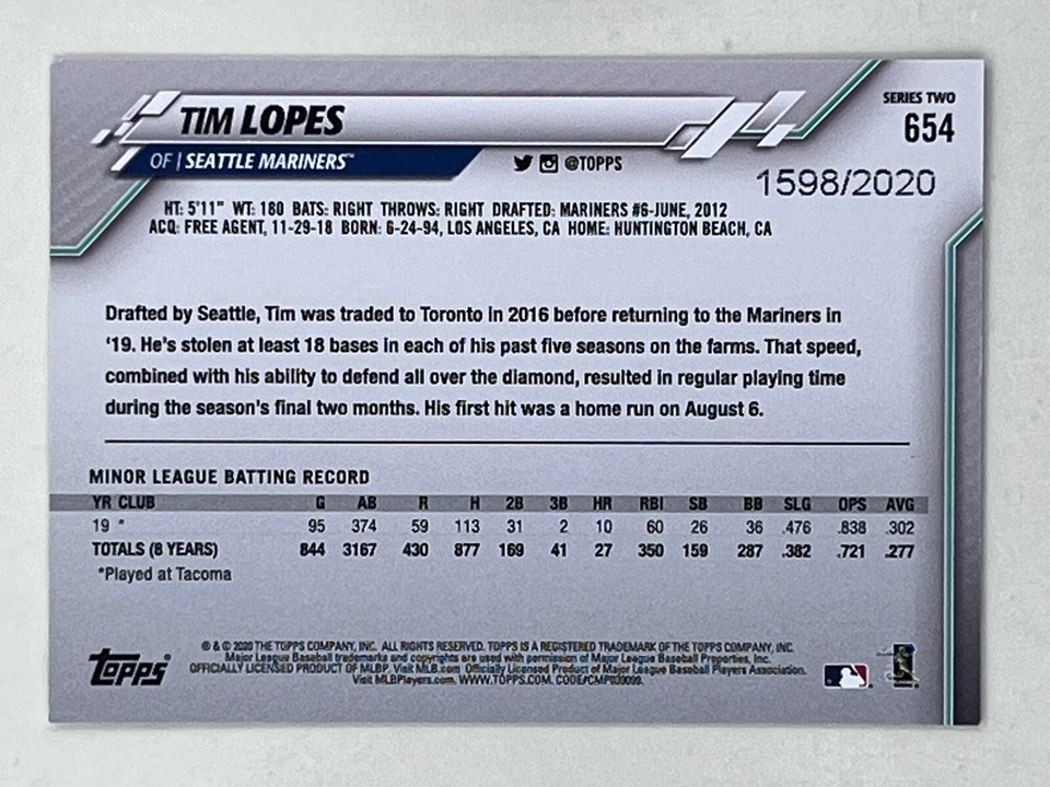 Tim Lopes 2020 Topps Gold RC /2020 #654 Sports MLB Mariners OF Trading ...