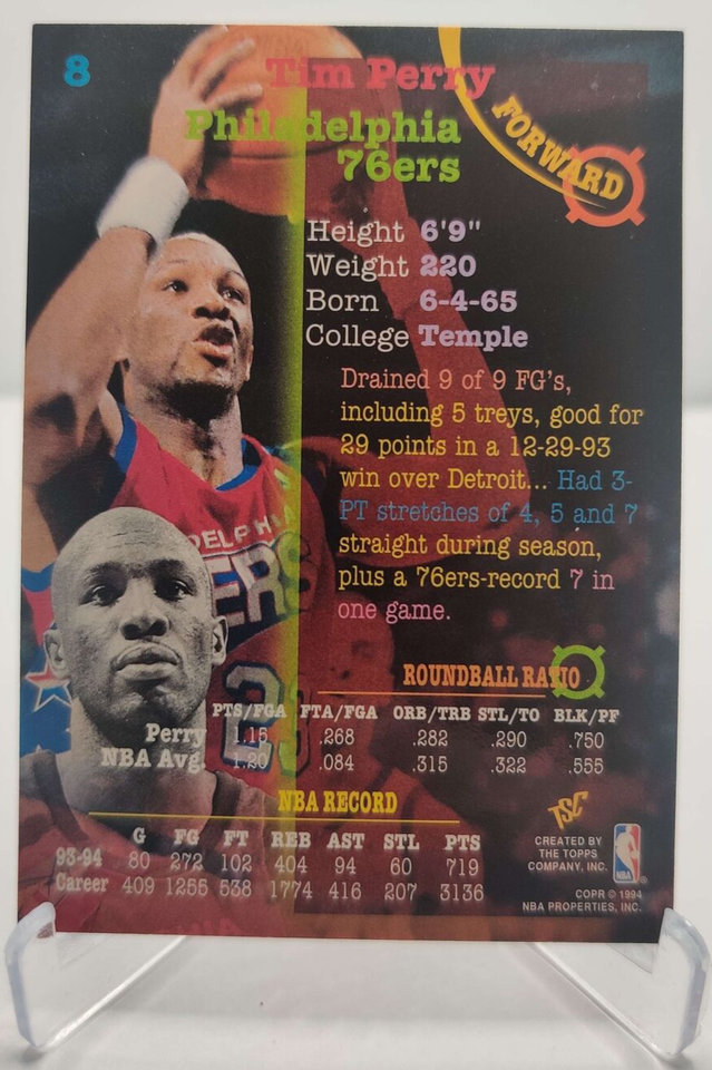 1994-95 Topps Stadium Club #8 Tim Perry Philadelphia 76ers basketball ...