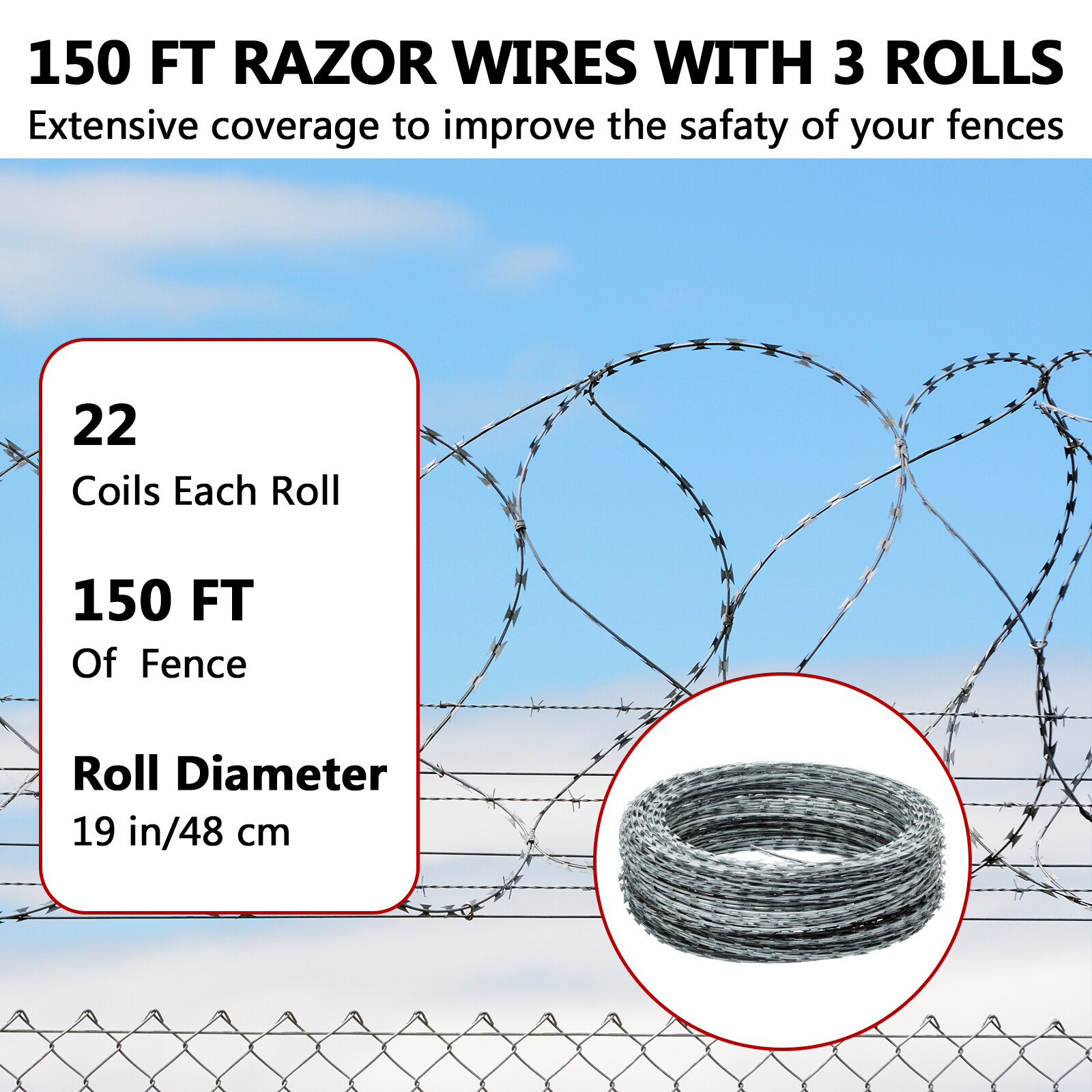 TECSPACE New 150Ft Length 3-Roll Razor Barbed Wire for Fence, Farm ...