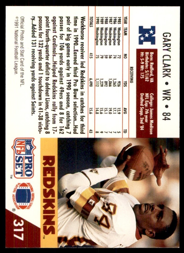 1991 Pro Set Gary Clark Football Card #317 | eBay