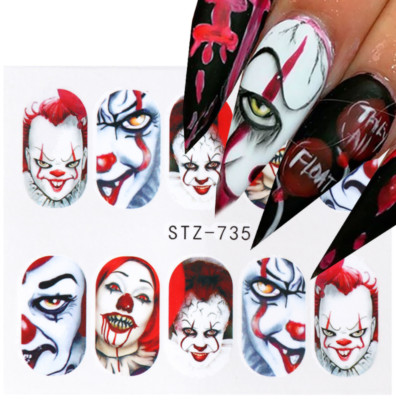 Nail Art Water Decals Stickers Transfers Halloween Freaky Scary Clowns ...