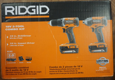 (RI4) Ridgid 18V Drill & Impact Driver W/ Charger & Two 2 Ah Batteries ...