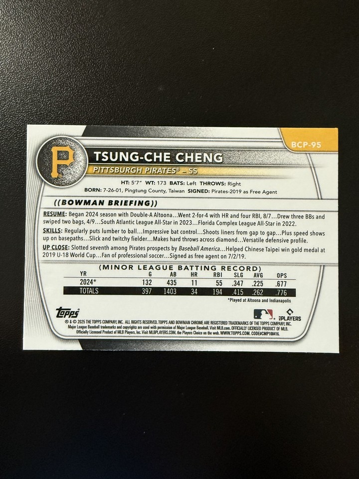 TSUNG CHE CHENG 2025 Topps Bowman Chrome 1st Bowman Spackle /299 #BCP ...