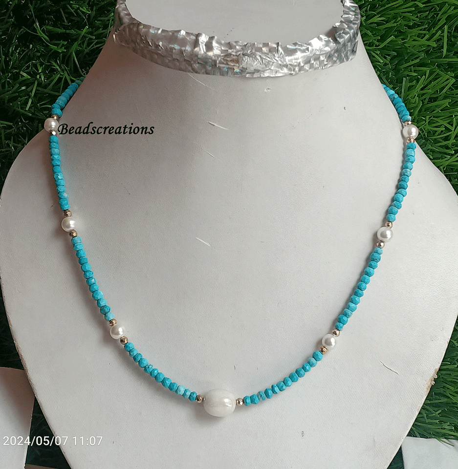 3mm Turquoise and White Pearl Gemstone Beads Jewelry Necklace Gift for ...