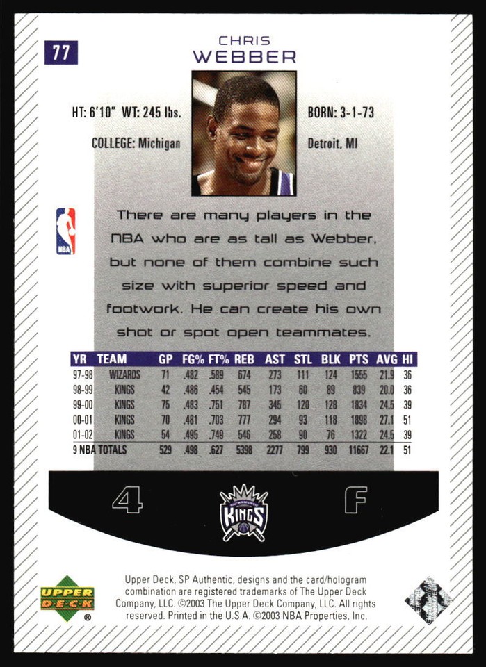 2002 SP Authentic Chris Webber #77 Sacramento Kings | eBay
